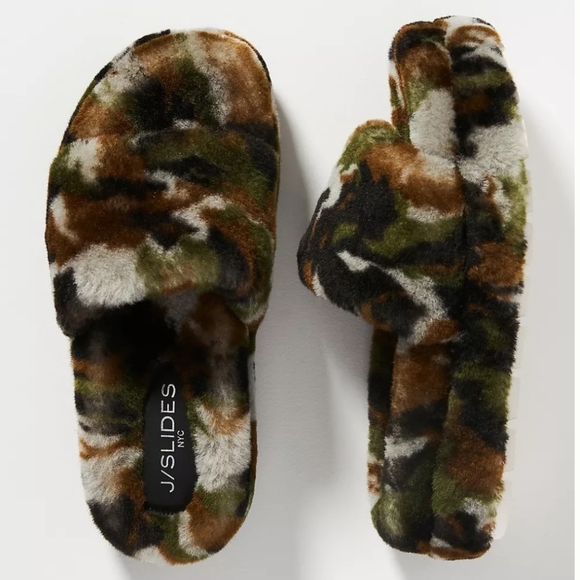 Anthropologie | Shoes | Anthro Jslides Bryce Camo Shearling Slippers ...